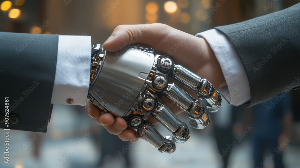 Human and Robot Handshake in Modern Setting - Close-up of a handshake ...