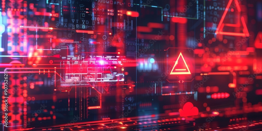 Hacker attack system, red alert symbol hologram and cybersecurity icons ...