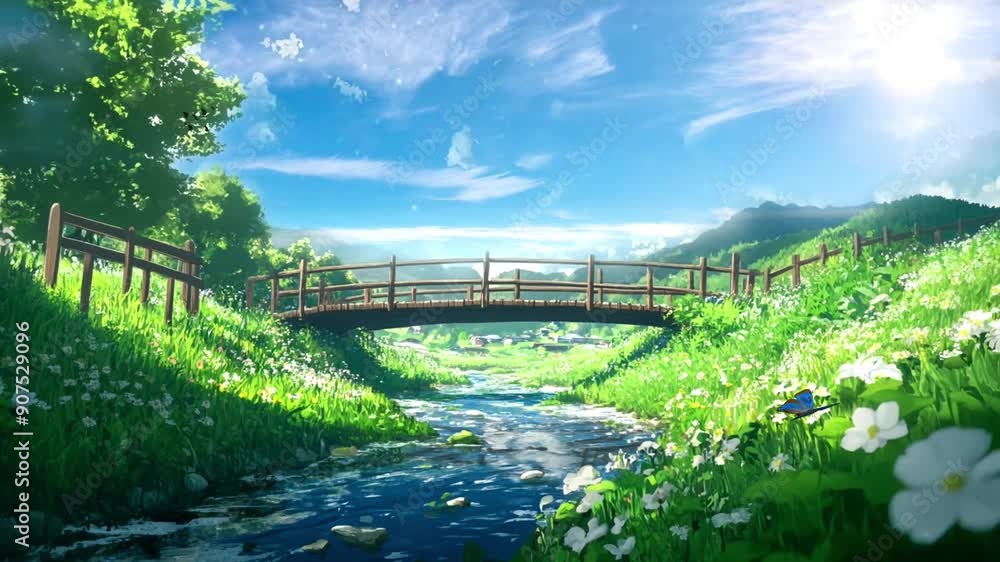 gentle stream running through the meadow, with small wooden bridges ...