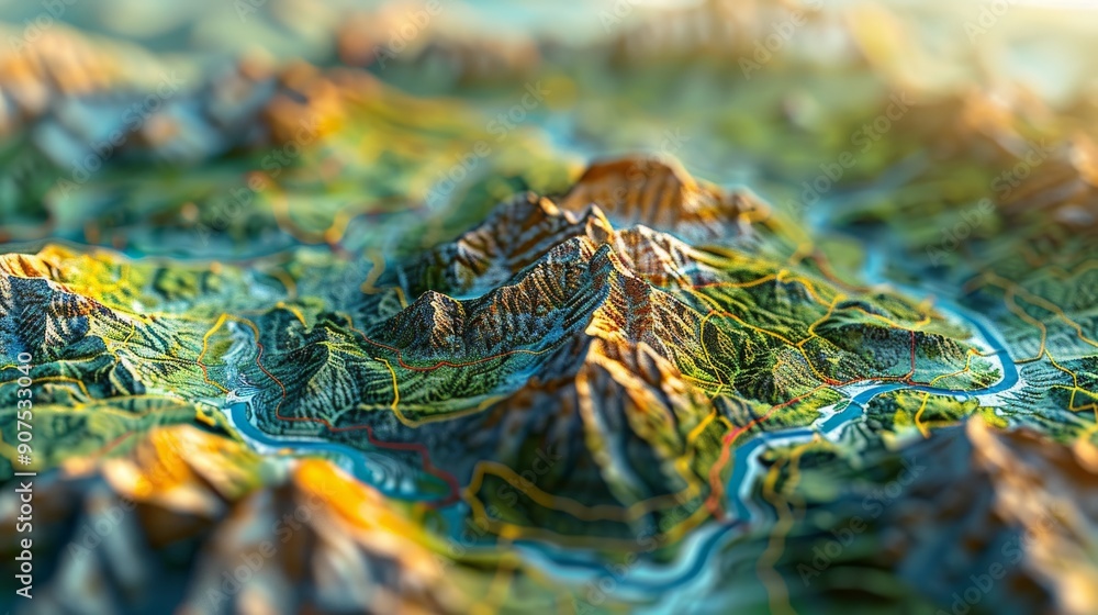 Detailed 3D topographic map with mountains, plains and bodies of water ...