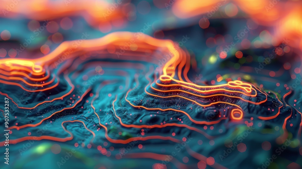 Detailed 3D topographic map with mountains, plains and bodies of water ...