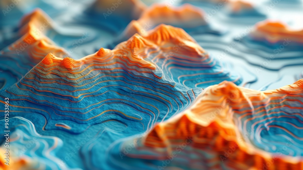 Detailed 3D topographic map with mountains, plains and bodies of water ...