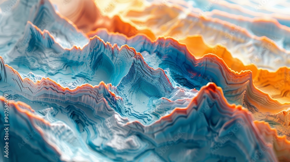 Detailed 3D topographic map with mountains, plains and bodies of water ...