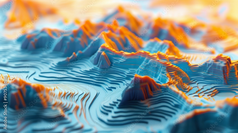 Detailed 3D topographic map with mountains, plains and bodies of water ...