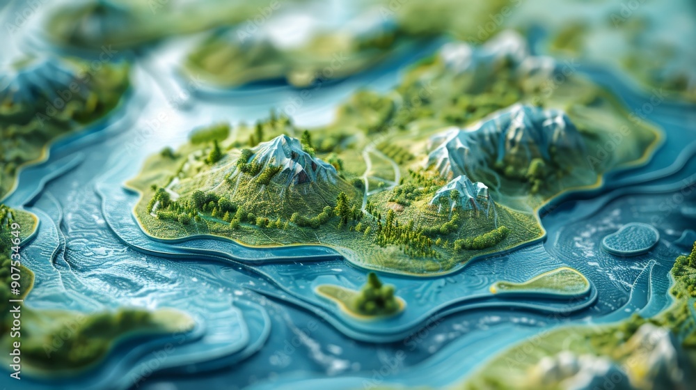 Detailed 3D topographic map with mountains, plains and bodies of water ...