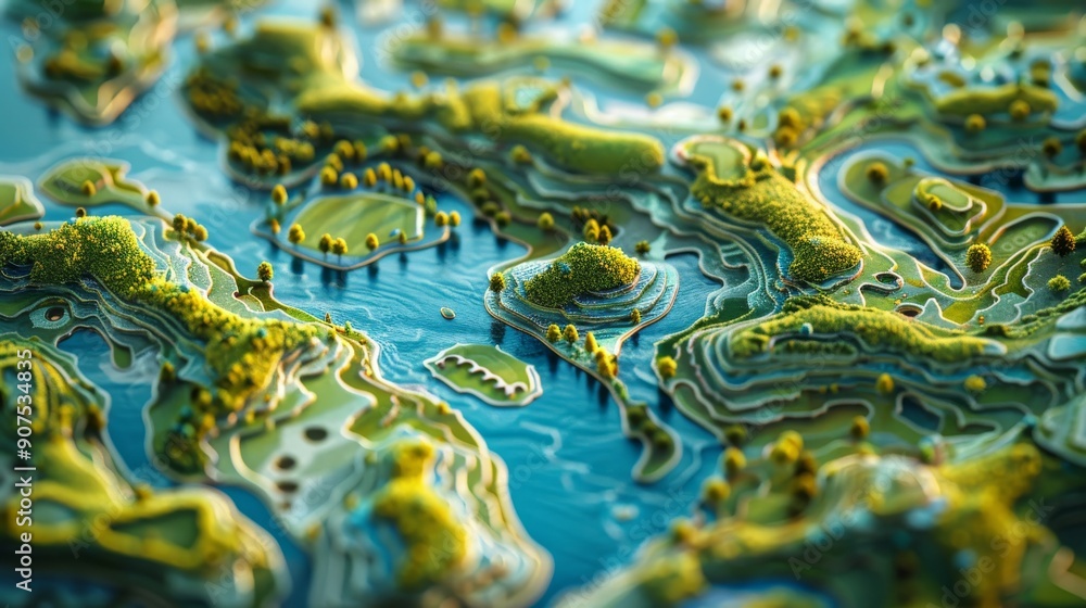 Detailed 3D topographic map with mountains, plains and bodies of water ...