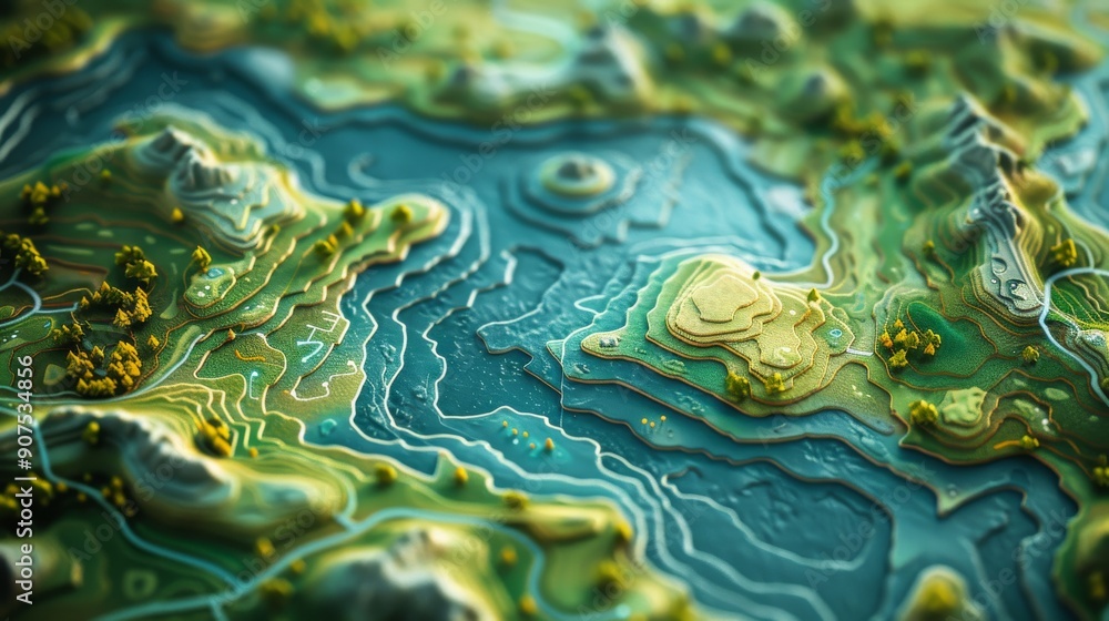 Detailed 3D topographic map with mountains, plains and bodies of water ...