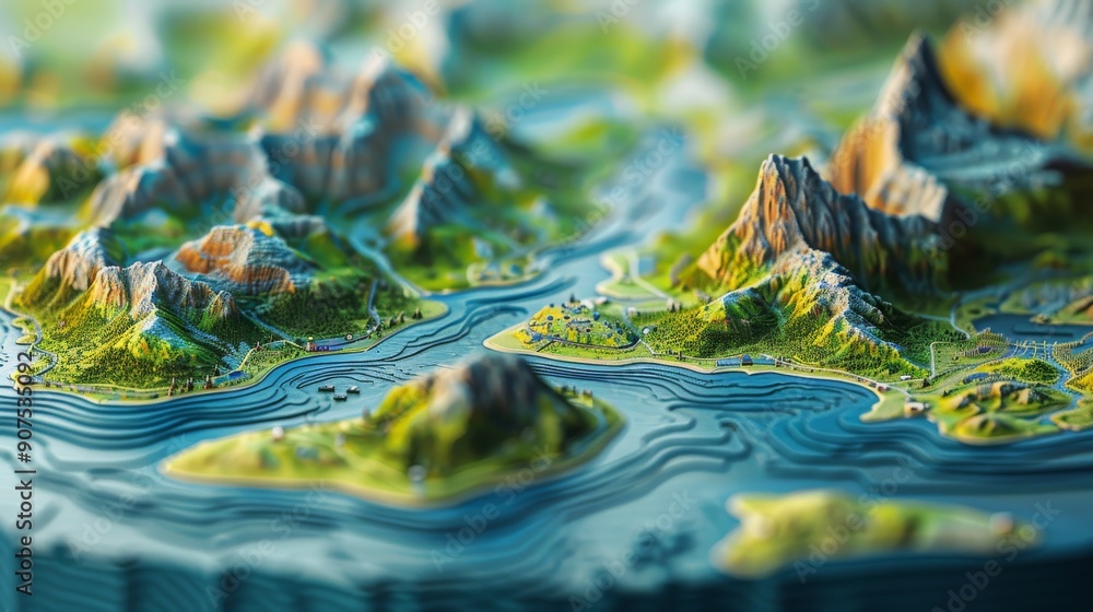 Detailed 3D topographic map with mountains, plains and bodies of water ...