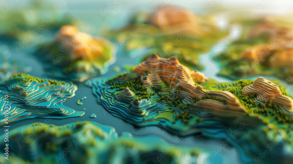 Detailed 3D topographic map with mountains, plains and bodies of water ...