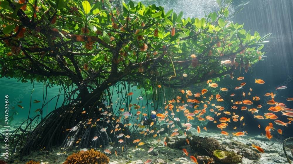 an underwater view of a mangrove tree with lots of leaves and beautiful ...