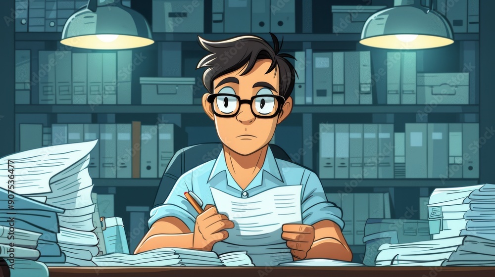 Cartoon vector bookkeeper organizing invoices and receipts in an office ...