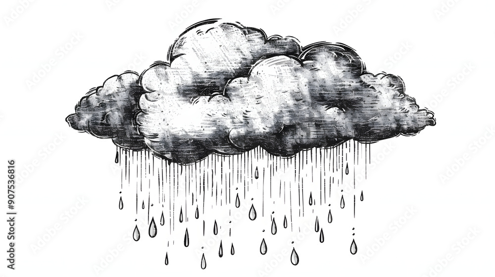 cloud with rain raindrops sketch engraving png illustration. scratch ...