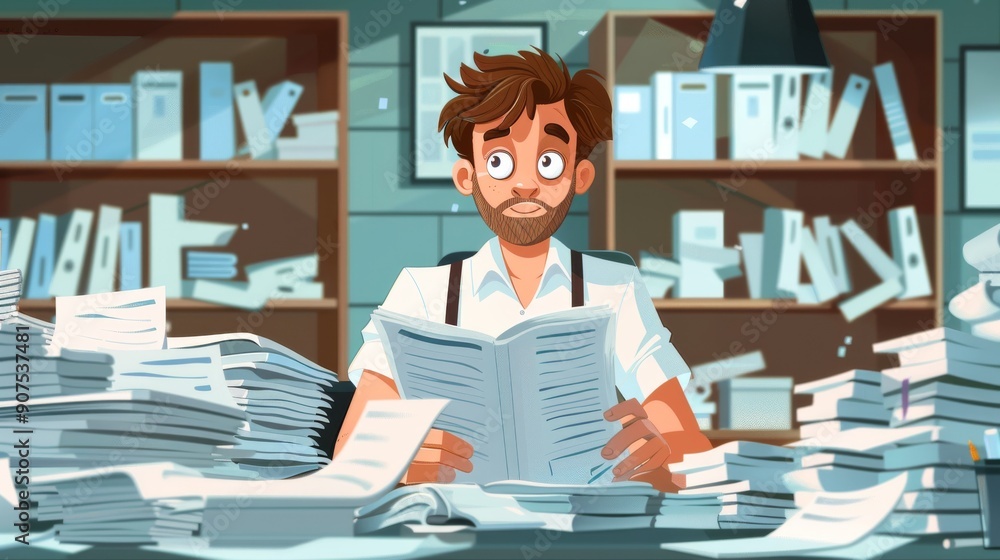 Cartoon vector bookkeeper organizing invoices and receipts in an office ...