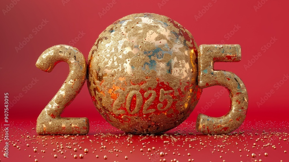 Gold number "2025", red background, 3D, relief, fancy number, art word ...