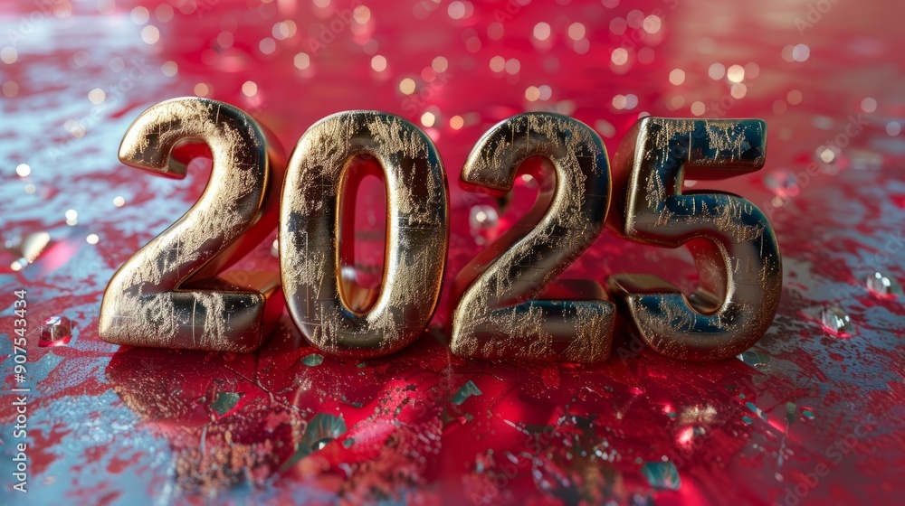 Gold number "2025", red background, 3D, relief, fancy number, art word ...