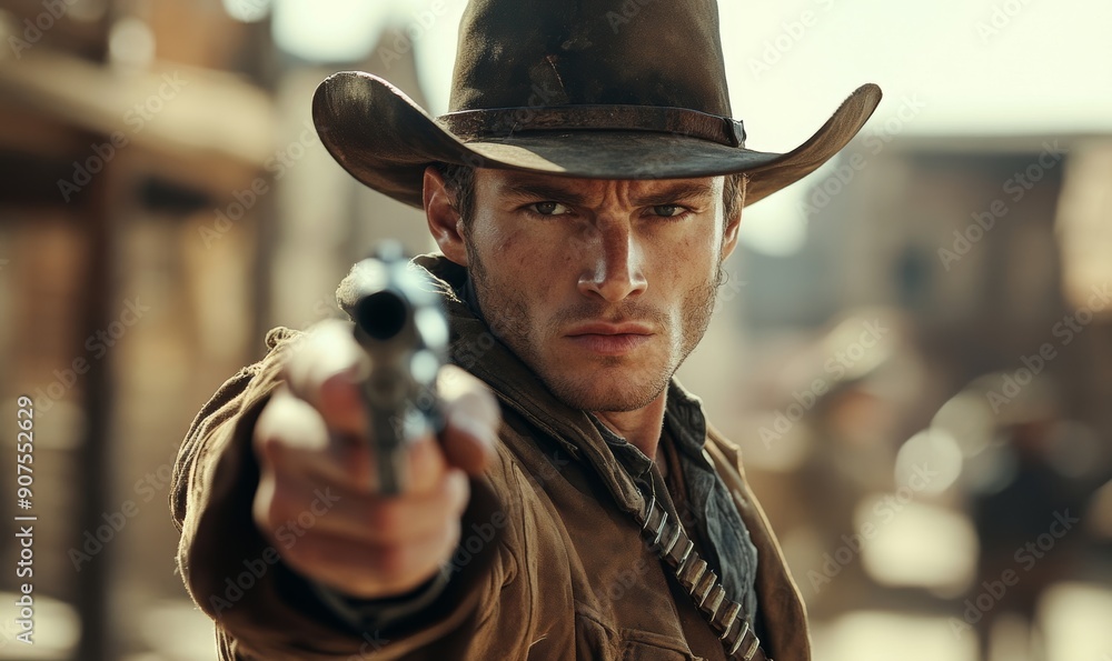 Western movie shot, front view of a cowboy ready to do a duel in middle ...