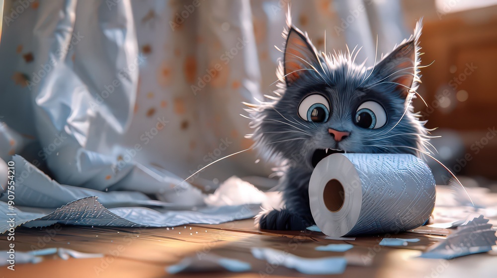 mischievous cartoon cat playfully unrolling a roll of toilet paper ...