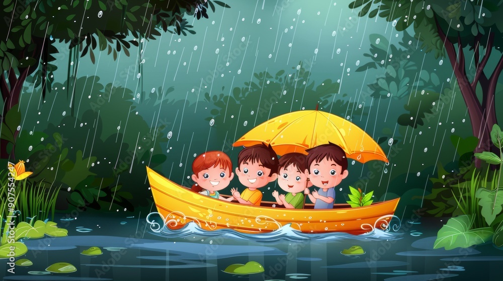 Cartoon Vector Kids making a leaf boat and watching it sail in a small ...