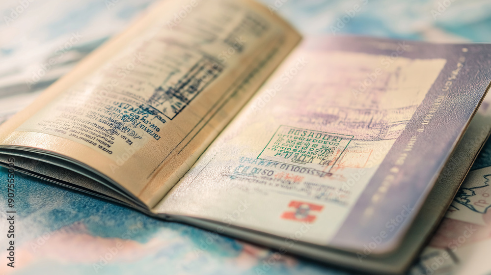 A close-up stock photo of an open passport, with visible pages and ...