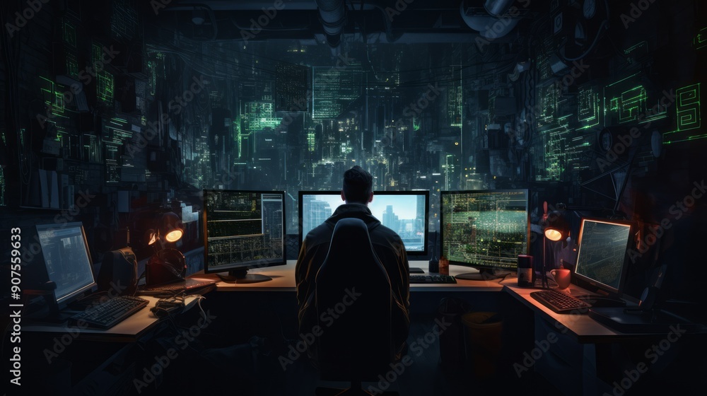 Computer Hacker Doing Coding On Computer While Sitting At Dark Office Neural Network Ai