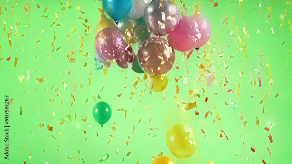 An explosion of confetti fills the scene as the balloons burst creating ...