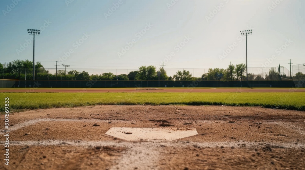Empty baseball field with dusty home plate and green outfield under a ...