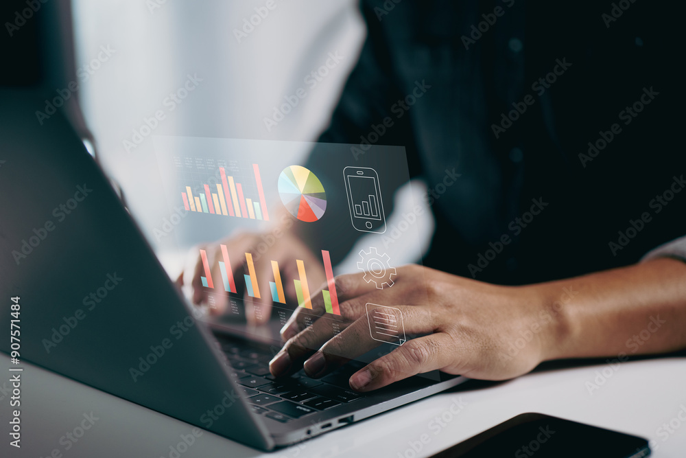 person typing on a laptop with floating data charts and graphs. It ...