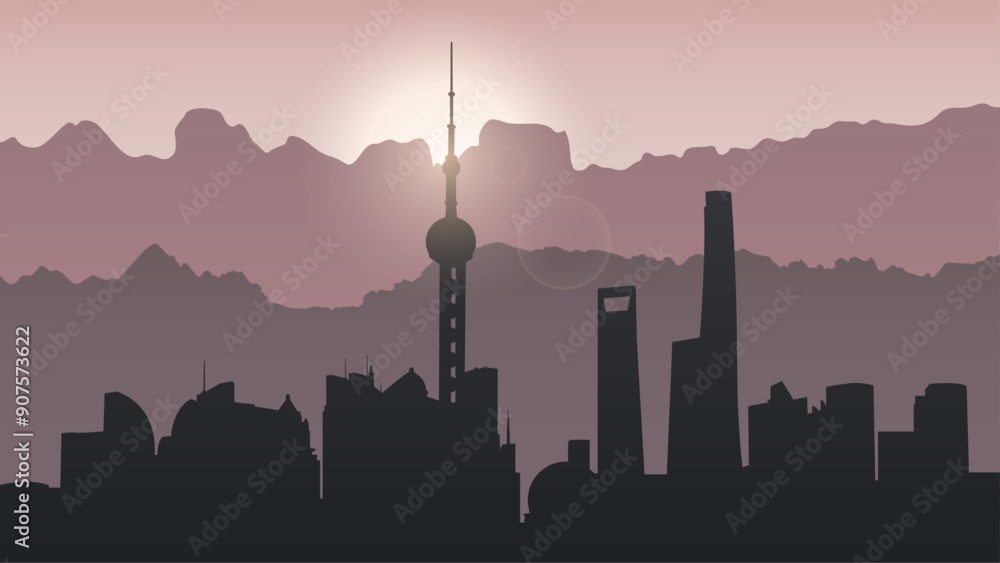 China. Vector background. Silhouette of Shanghai skyline and mountains ...