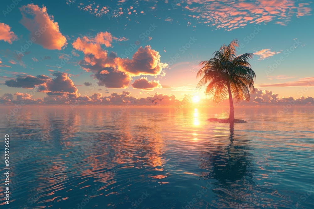 Tropical Island Paradise at Sunset with a Palm Tree, a 360 Panoramic ...