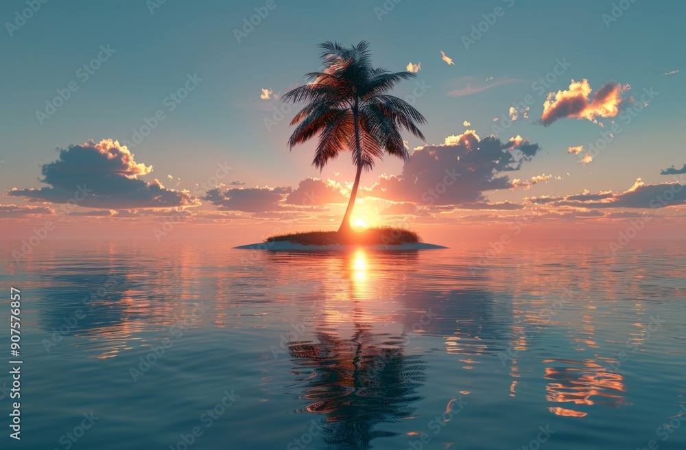 Tropical Island Paradise at Sunset with a Palm Tree, a 360 Panoramic ...