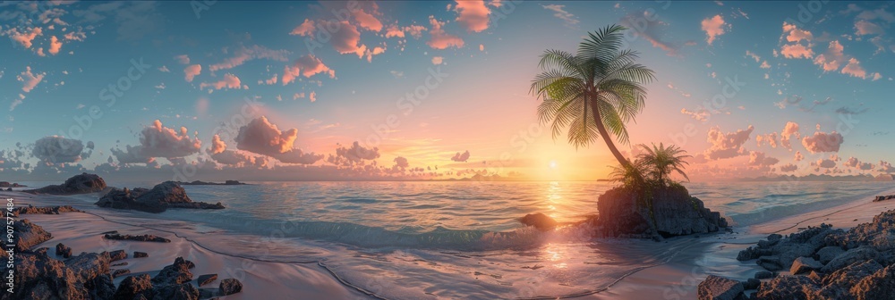 Tropical Island Paradise at Sunset with a Palm Tree, a 360 Panoramic ...