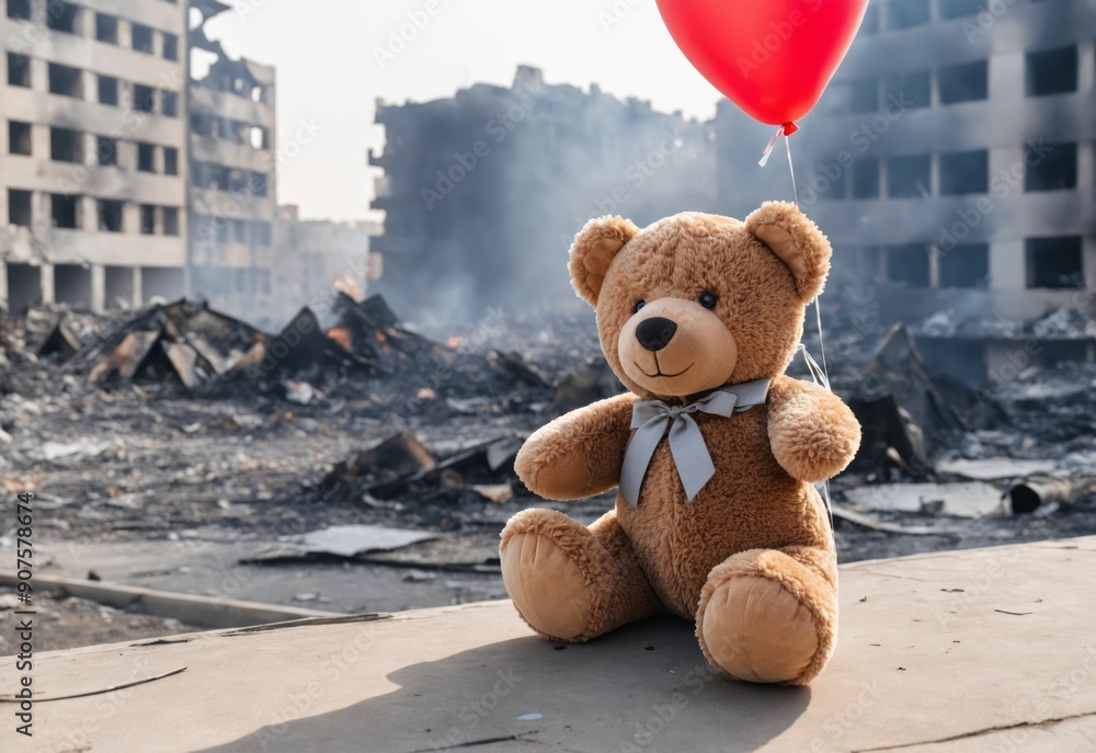 kids teddy bear toy with balloons over the city burned destruction of ...