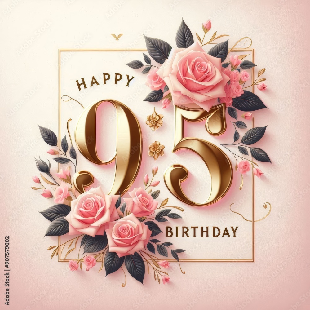 Elegant 95th birthday card with golden numbers and soft pink roses ...