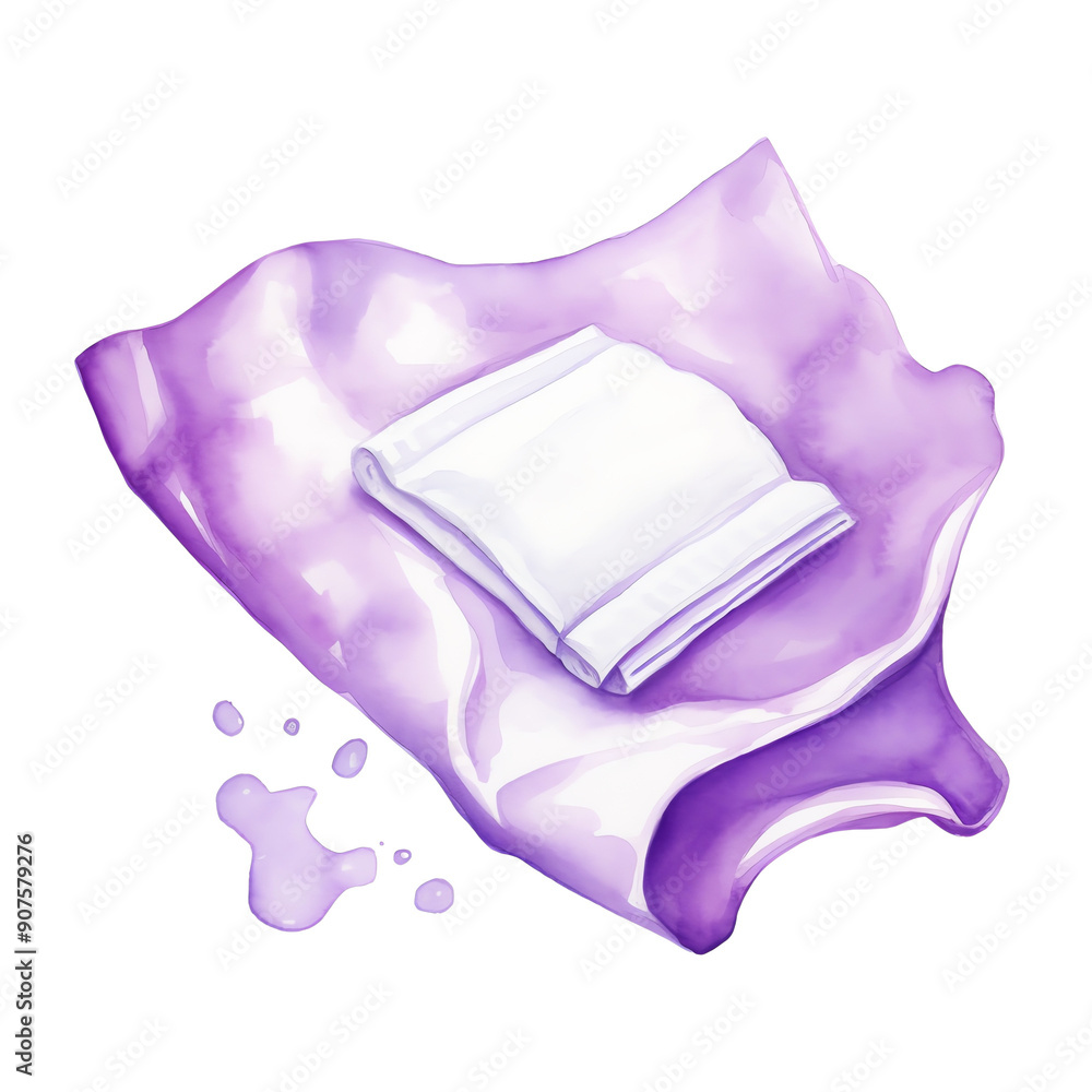 Spilled liquid on a purple fabric with a folded paper towel. Clean up ...