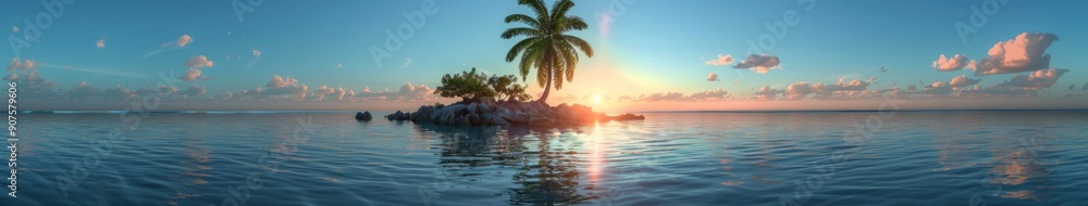 Tropical Island Paradise at Sunset with a Palm Tree, a 360 Panoramic ...