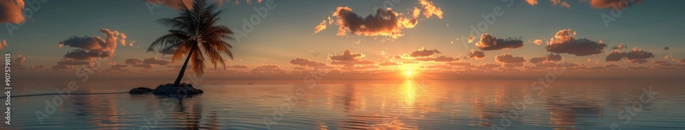 Tropical Island Paradise at Sunset with a Palm Tree, a 360 Panoramic ...