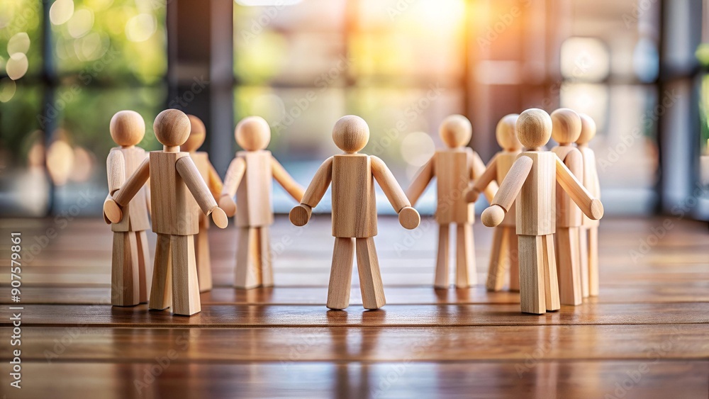 Group of wooden human figures standing in a circle representing teamwork, unity, and community ...