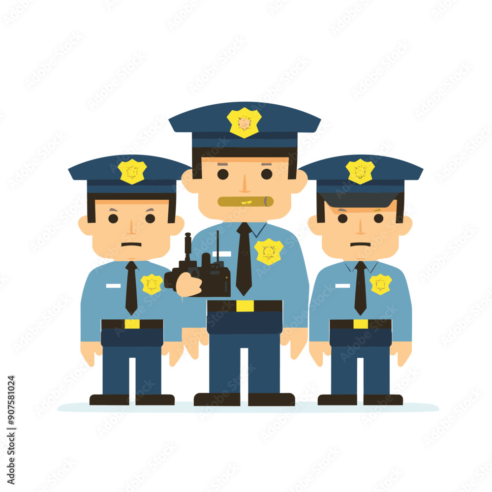 Three male cartoon police officers standing together, one holding radio ...