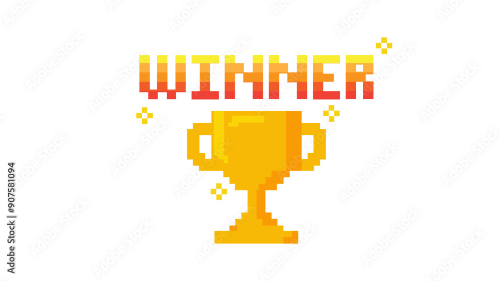 Pixel art 8-bit You Win text with one big winner golden cup for ...