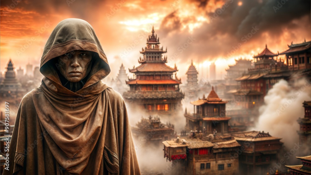 Decaying Urban Landscape Featuring a Hooded Figure with Textured ...