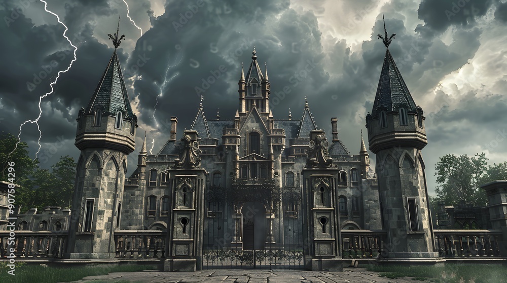 Gothic castle boasts intricate stonework against a dramatic sky, a ...