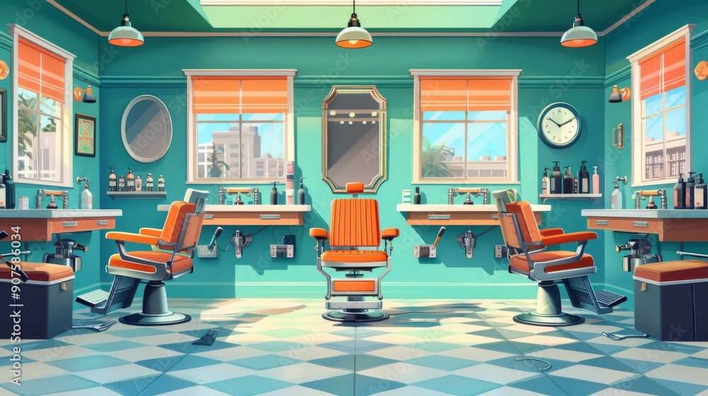 Cartoon vector barber shop interior with chairs, mirrors, and barber ...