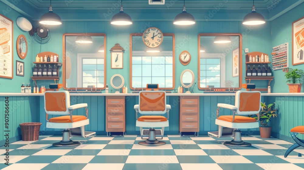 Cartoon vector barber shop interior with chairs, mirrors, and barber ...
