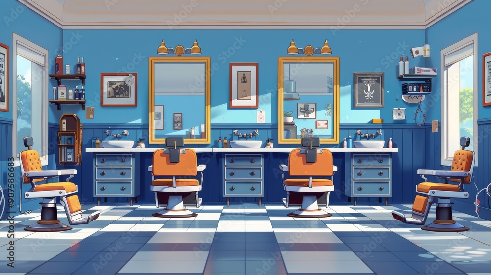 Cartoon vector barber shop interior with chairs, mirrors, and barber ...