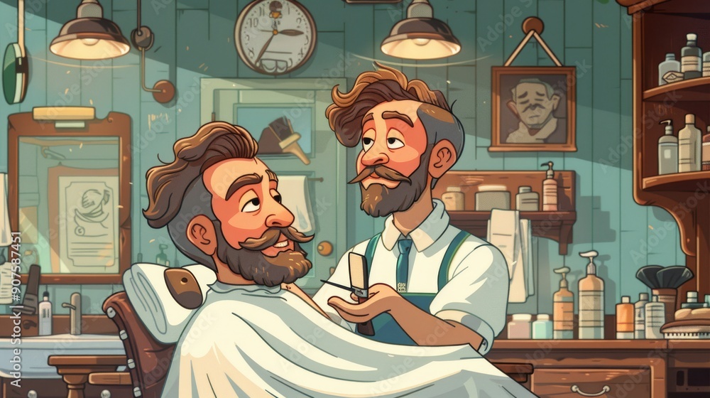 Cartoon vector barber giving a classic hot towel shave to a customer ...