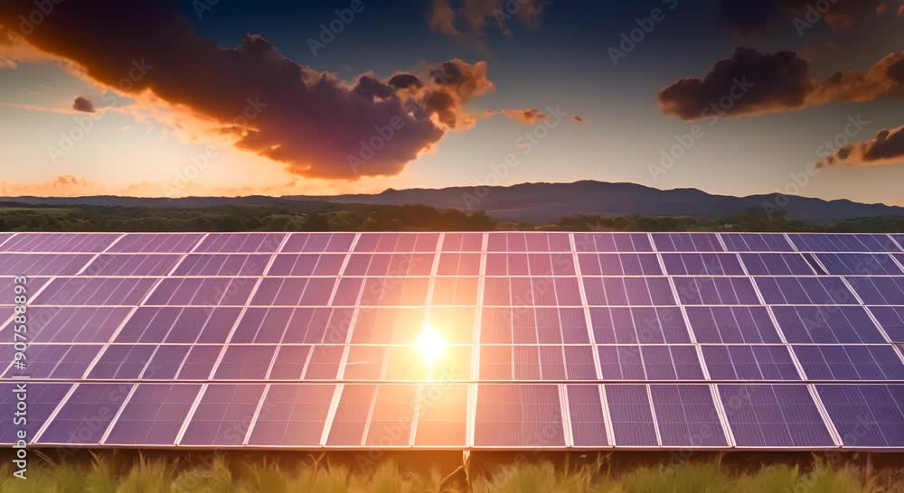 Solar panels against a backdrop of a stunning sunset highlighting the ...