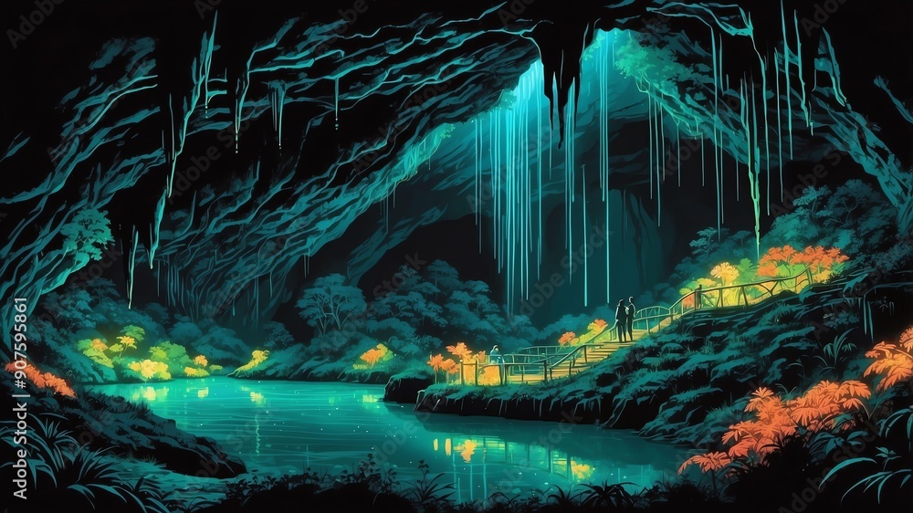 waitomo glowworm caves new zealand retro neon Stock Illustration ...
