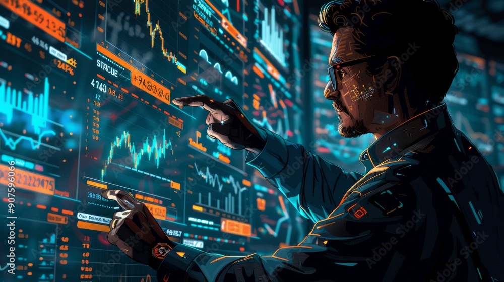 Cartoon vector Financial analyst pointing to a digital board showing ...
