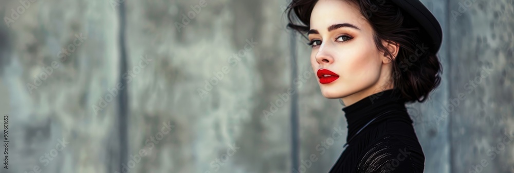 Proud and Arrogant Brunette Woman in Black Dress with Red Lips Walking ...