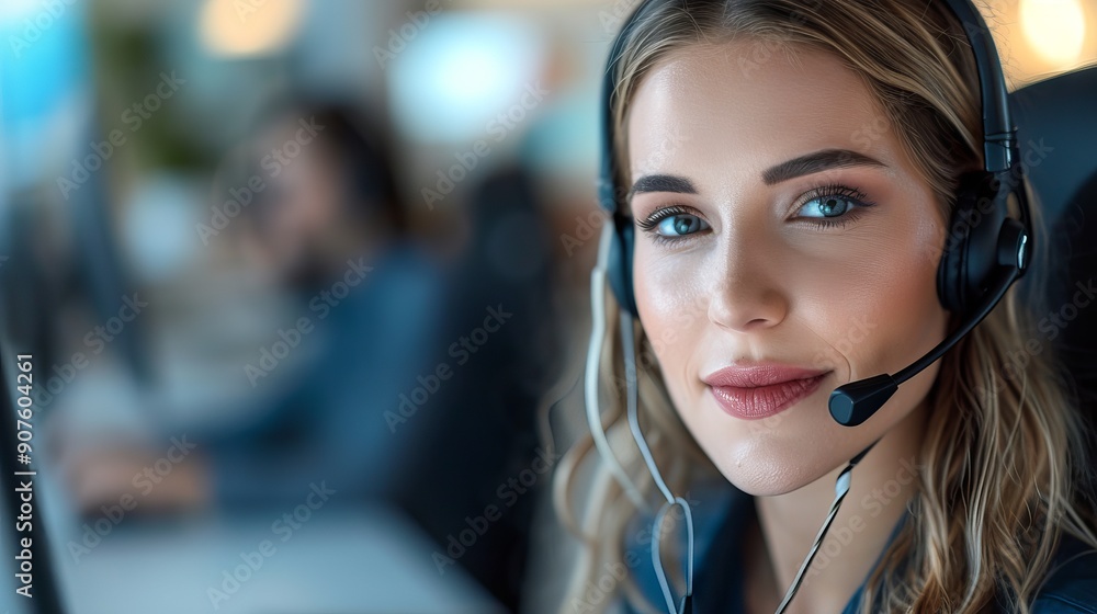 Young female call center agent wearing headset providing professional ...